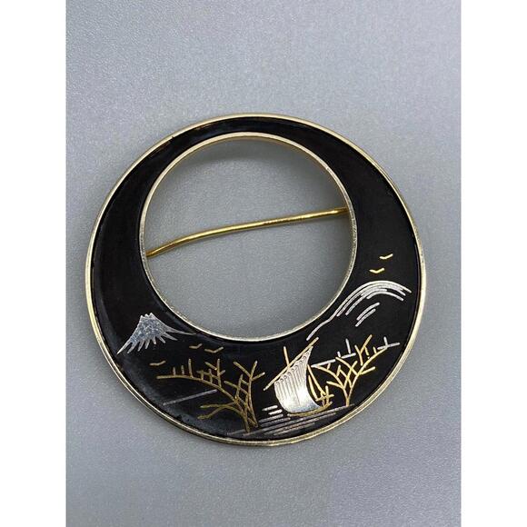 Jewelry | Vtg Amita Japan Damascene Boat Mountain Brooch Open Center ...